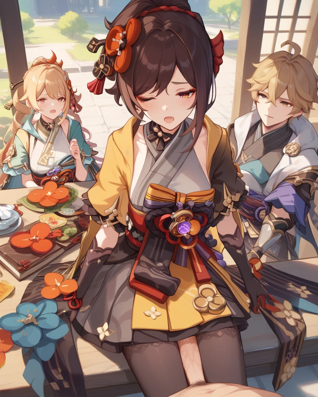 Chiori Genshin Impact brown and brown hair, hair ornament, Ojos rojos ...