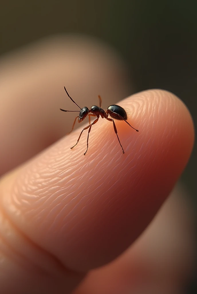 A curious ant climbs up the person's finger, exploring every tiny ...