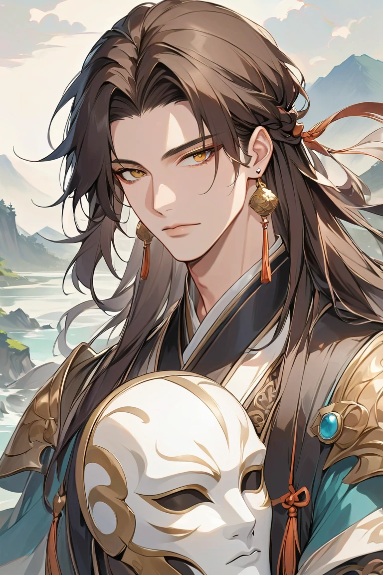 masterpiece, Close-up of a man with brown hair and white mask - SeaArt AI