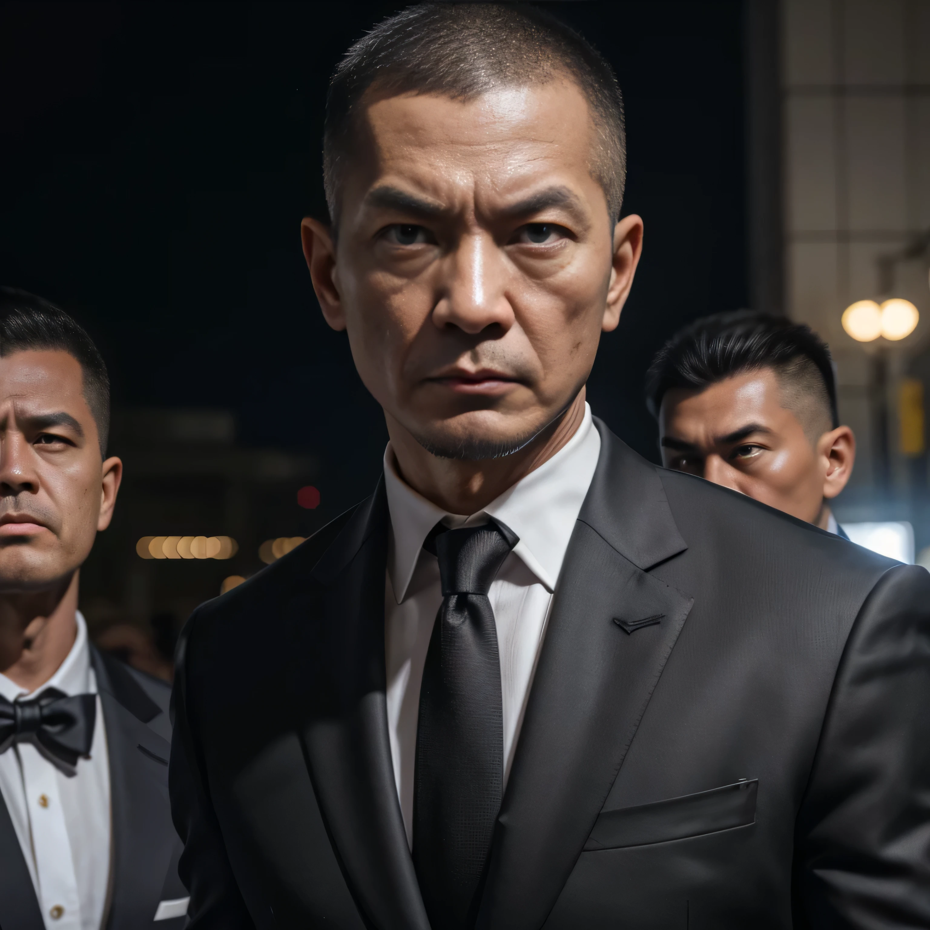 Asian man in suit and tie standing in front of a crowd of men - SeaArt AI