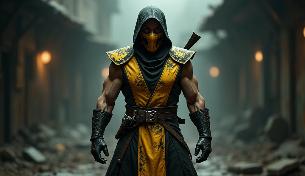 Realistic, cinematic. Scorpion Mortal Kombat costume, medium shot ...