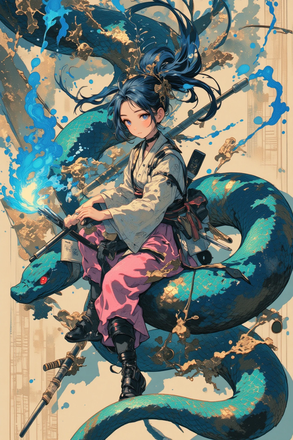 there is a ninja picture of a girl sitting on the back of a giant snake ...