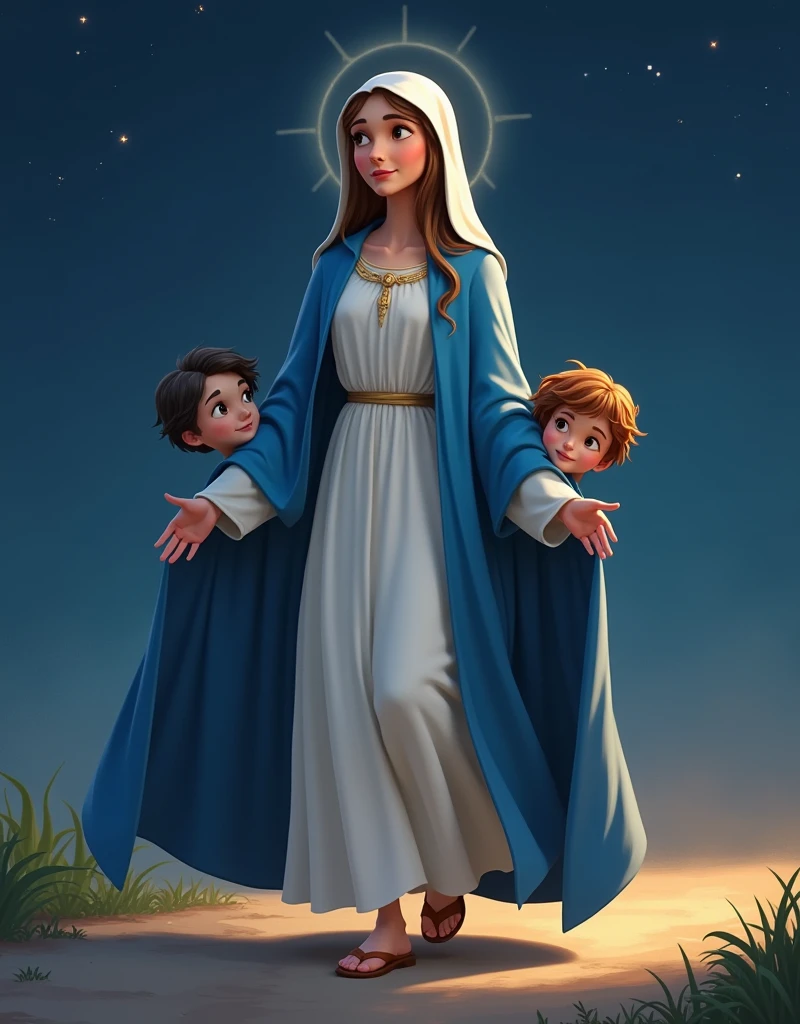 Cartoon of the Virgin Mary walking with 2 ren. The image represents ...