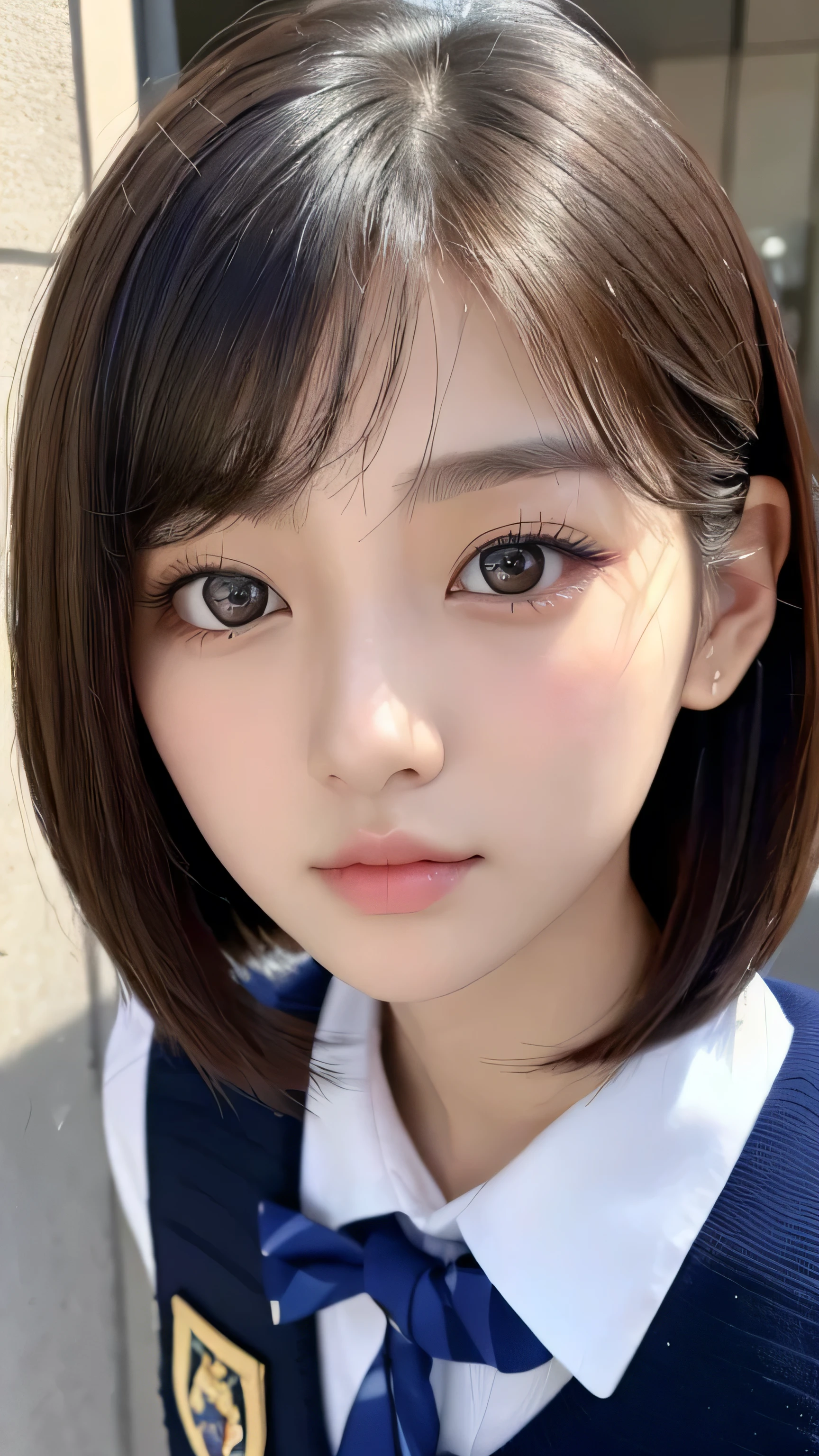 A close up of a young woman wearing a blue and white uniform - SeaArt AI