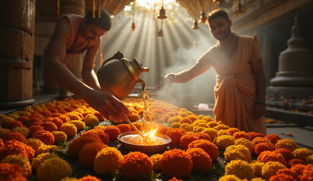 A devoted follower pouring water on a Shivling surrounded by vibrant ...