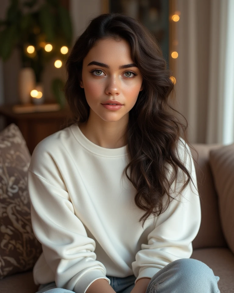 An hyper-realistic portrait of a 18 years old girl sitting on a ...