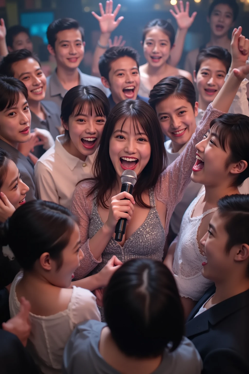 1woman, 3 young men, karaoke, hold mic and singing in front of 7 boys ...