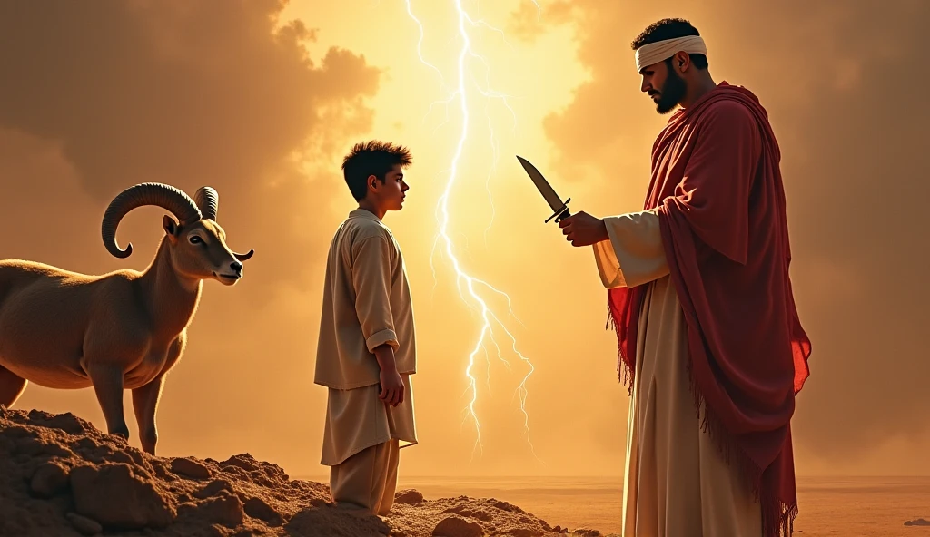 A dramatic moment where Ibrahim (AS) holds a knife above his son Ismail ...