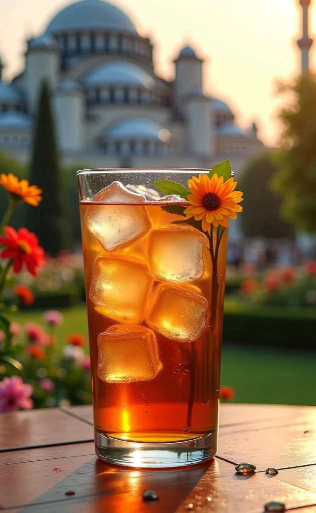 A glass of chrysantemum tea with chrysa temum in it with ice cube ...