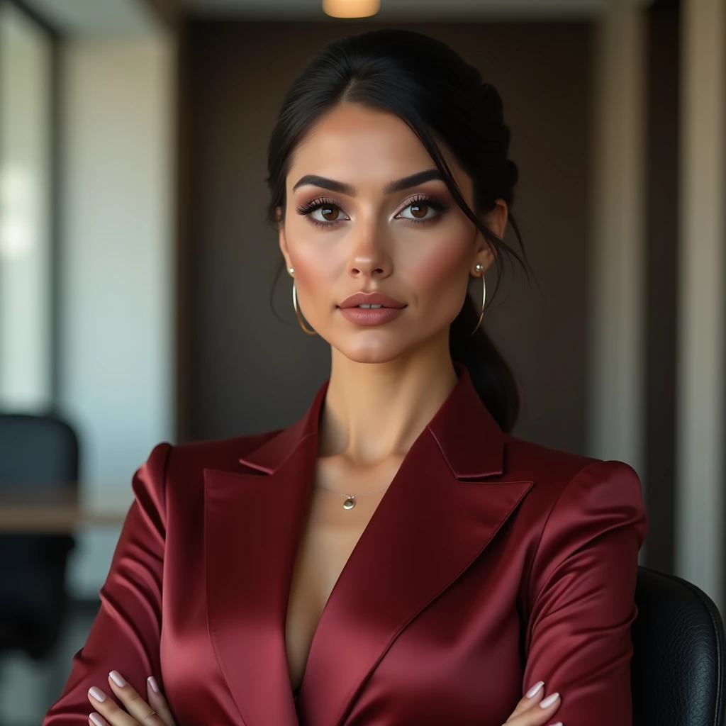 Beautiful iraqi woman in a satin office outfit - SeaArt AI