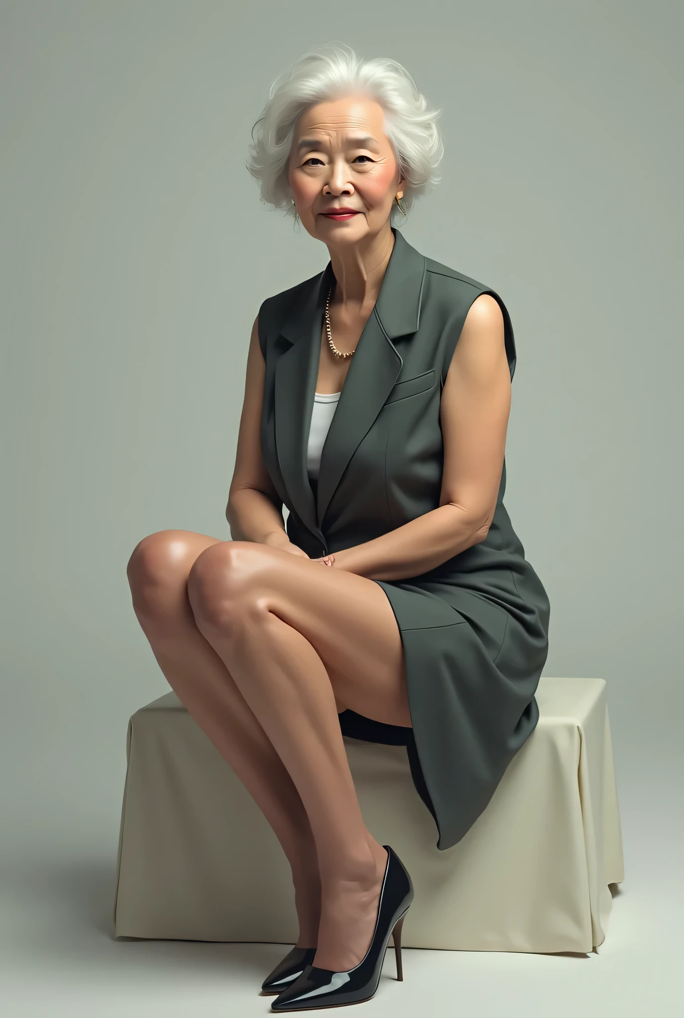 Arafed woman sitting on a stool with her legs crossed - SeaArt AI