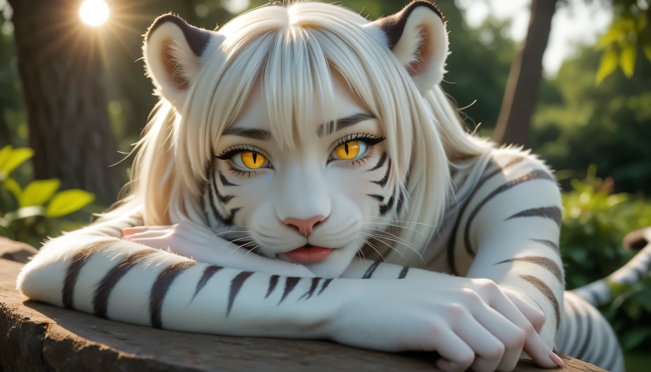 There is a woman with a tiger costume on posing for a picture - SeaArt AI
