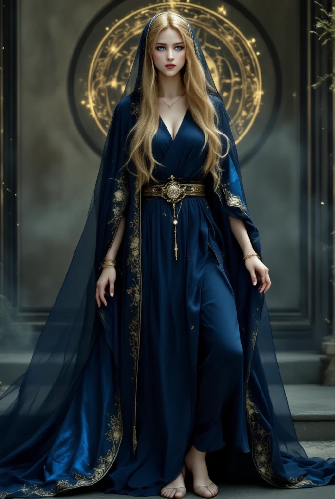 Celtic priestess with midnight blue eyes and gold hair wearing a long ...