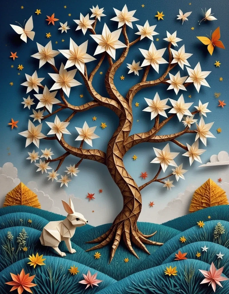 ZOZ_CH,ZOZ_CH A medium-sized painting of a tree with white flowers on ...