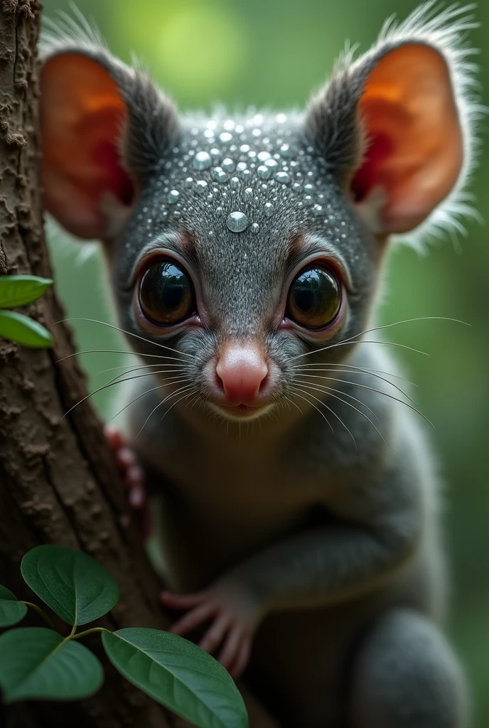 Galago.Close up with big eyes, on tree, wather drops on head - SeaArt AI