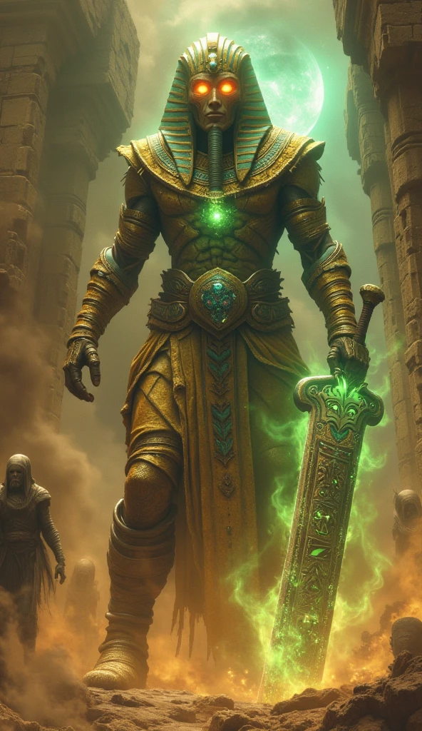 "A colossal ancient mummy warrior standing in a ruined Egyptian temple ...