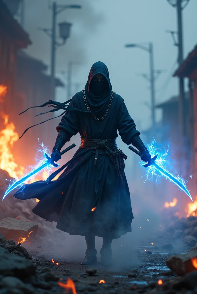 Two blades held together by chains, Emanating Blue Rays, held by a ...