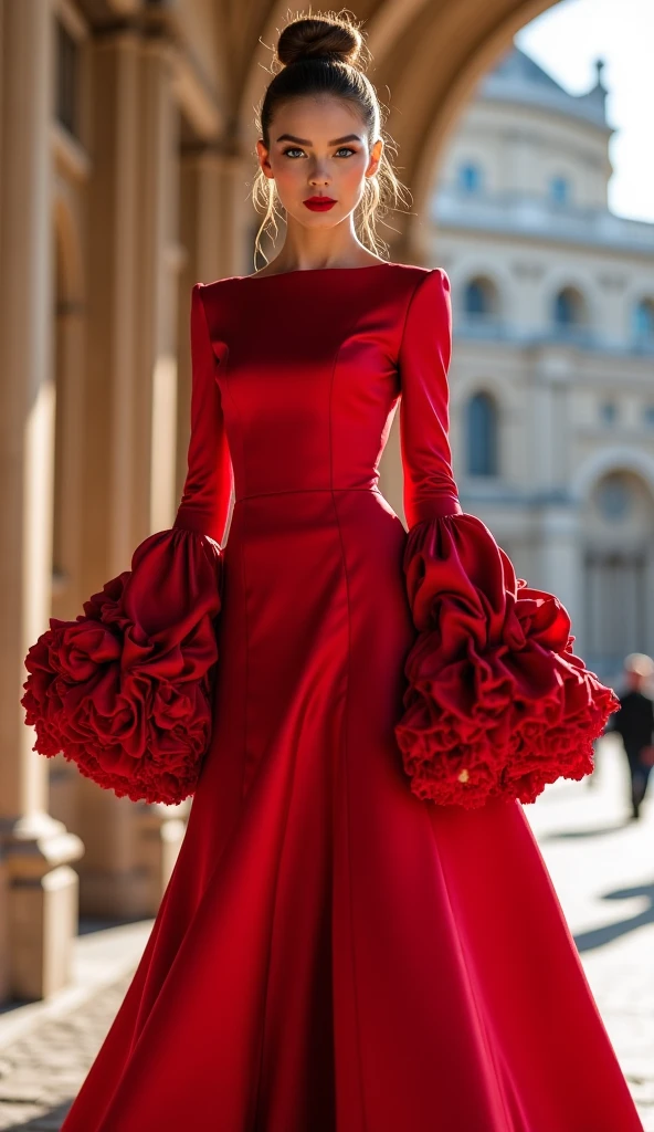 The outfit worn by the model is a long intense red dress designed with ...