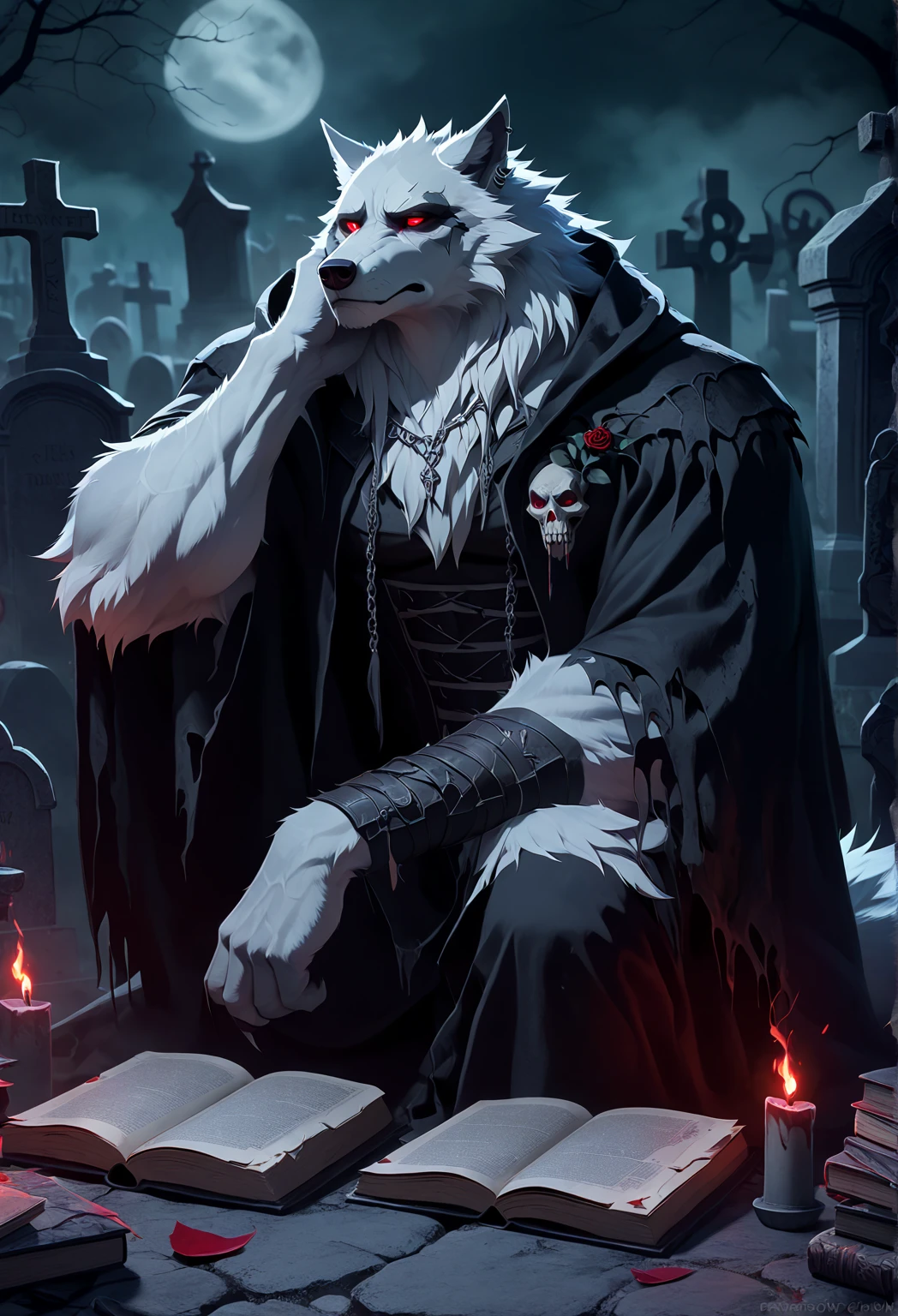 White wolf, red eyes, black eyewhites, hot, detailed fur, grimm reaper ...