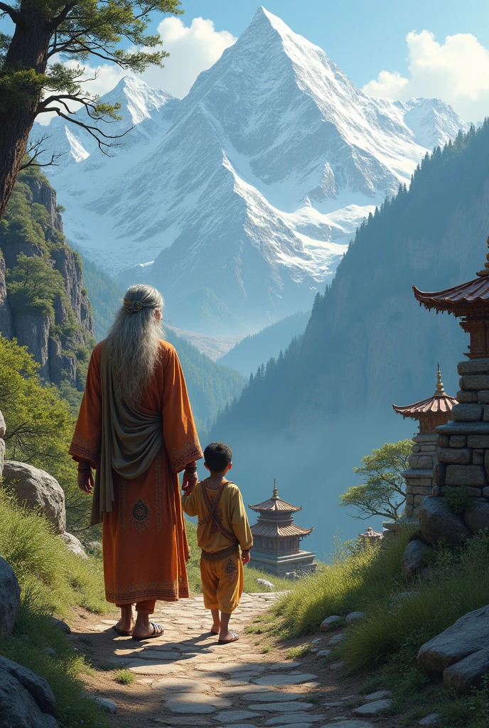 Sadhu taking his little on a spiritual path in the Himalayas - SeaArt AI