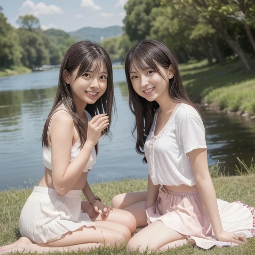 , A scene of two women enjoying a barbecue on the riverbank, eating ...
