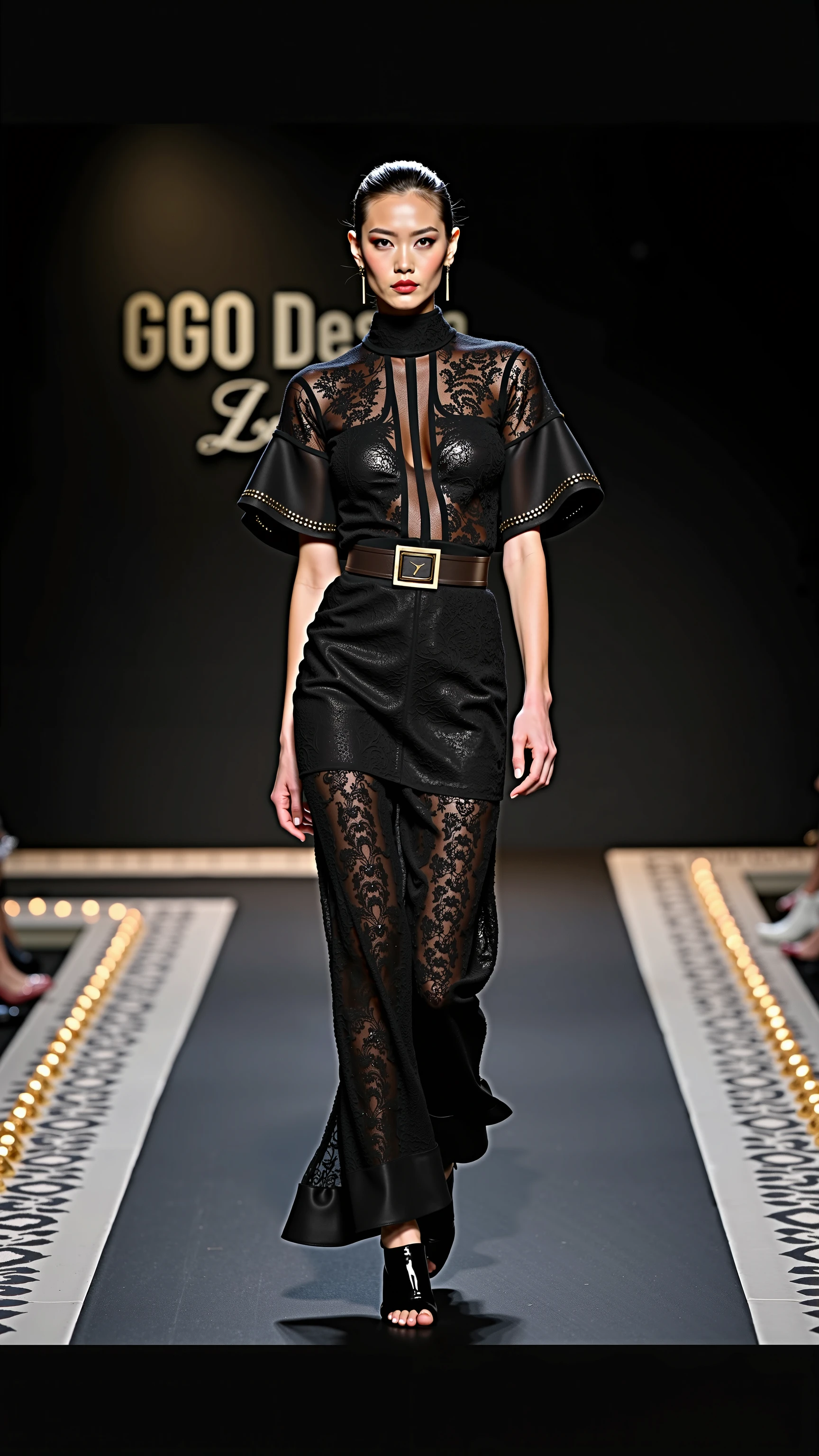 Arafed image of a woman walking down a runway wearing a black dress ...
