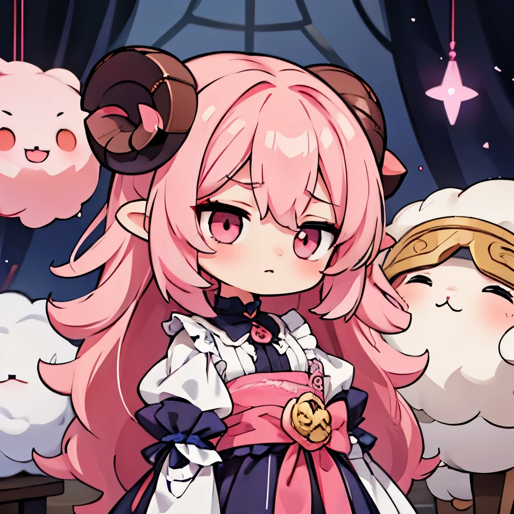 Anime girl with pink hair and a pink dress standing in front of a sheep ...