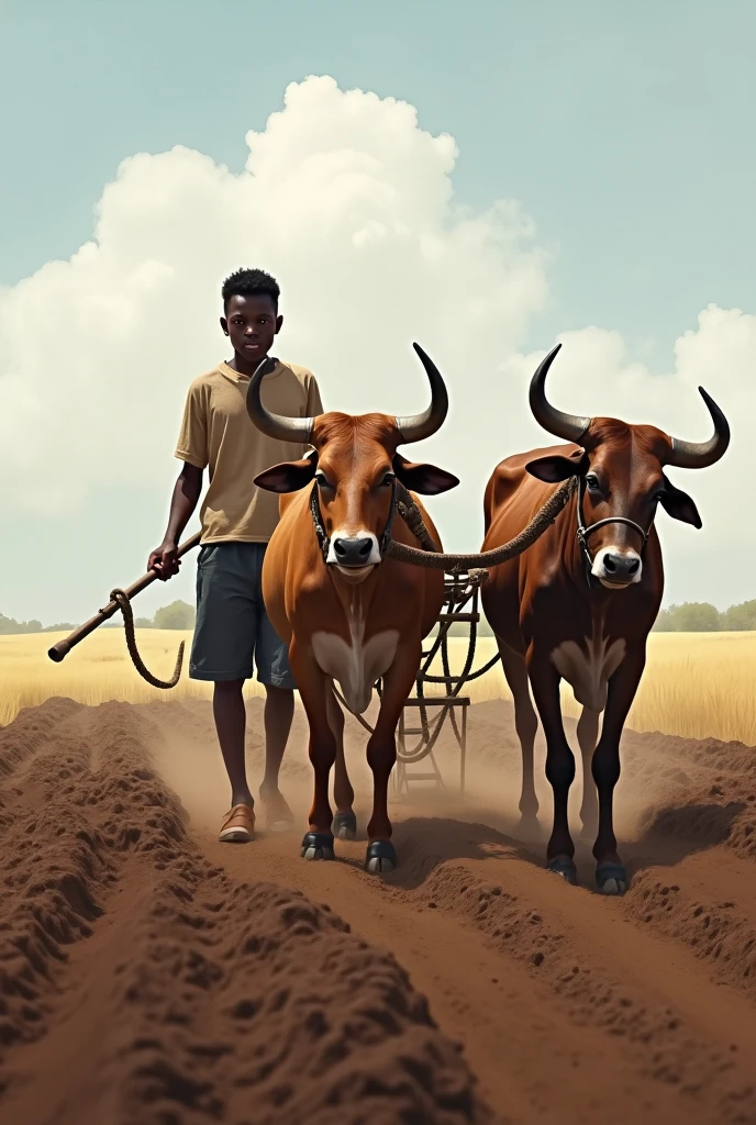 A black teenager ploughs with a 01 plough pulled by 02 zebus - SeaArt AI