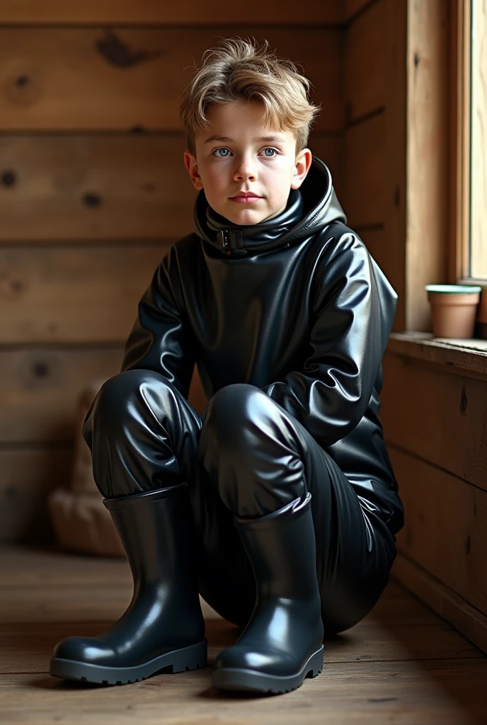 A european boy wearing a shiny black rubber drysuit with rain boots ...