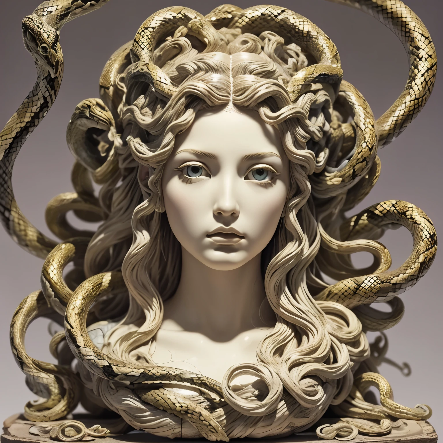 A close up of a statue of a woman with a snake around her head - SeaArt AI