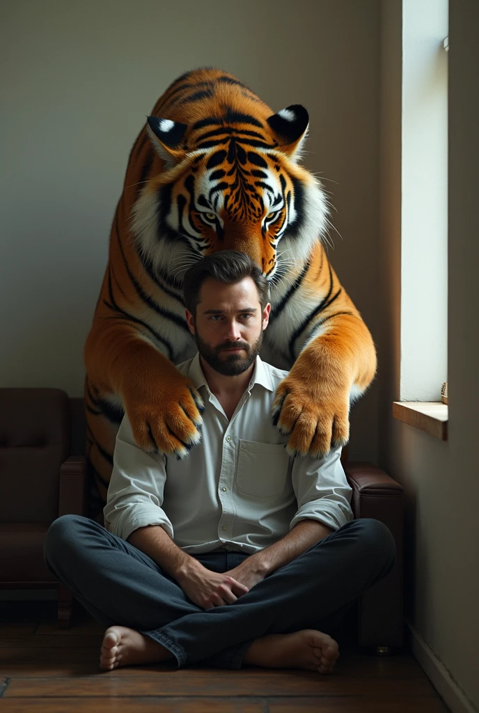 A man was sitting in a room being approached by a tiger from behind and ...