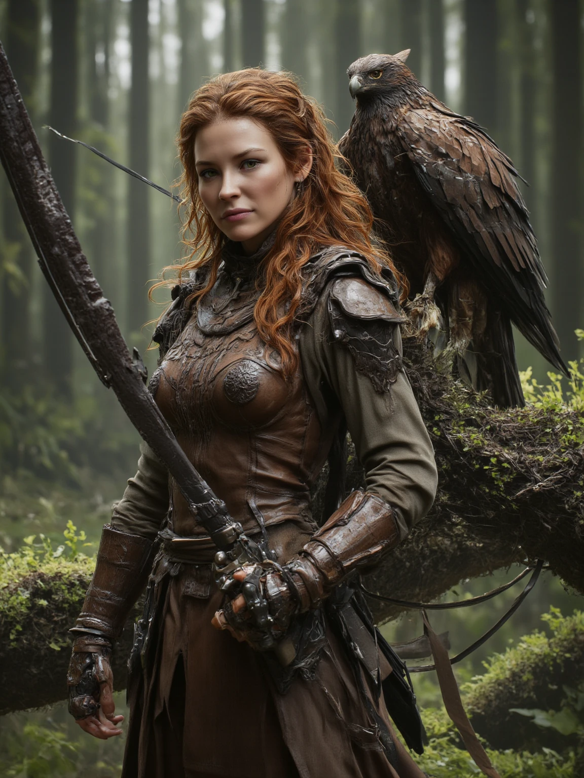 (a female elf, medieval woodland ranger, her stance is poised for ...