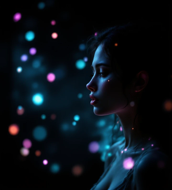 Dark background, light silhouette of a girl, top light, pretty face ...