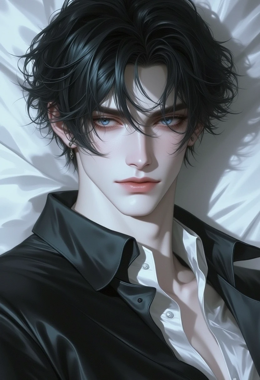 A man with beautiful blue eyes , with black Muller hair , pink plump ...