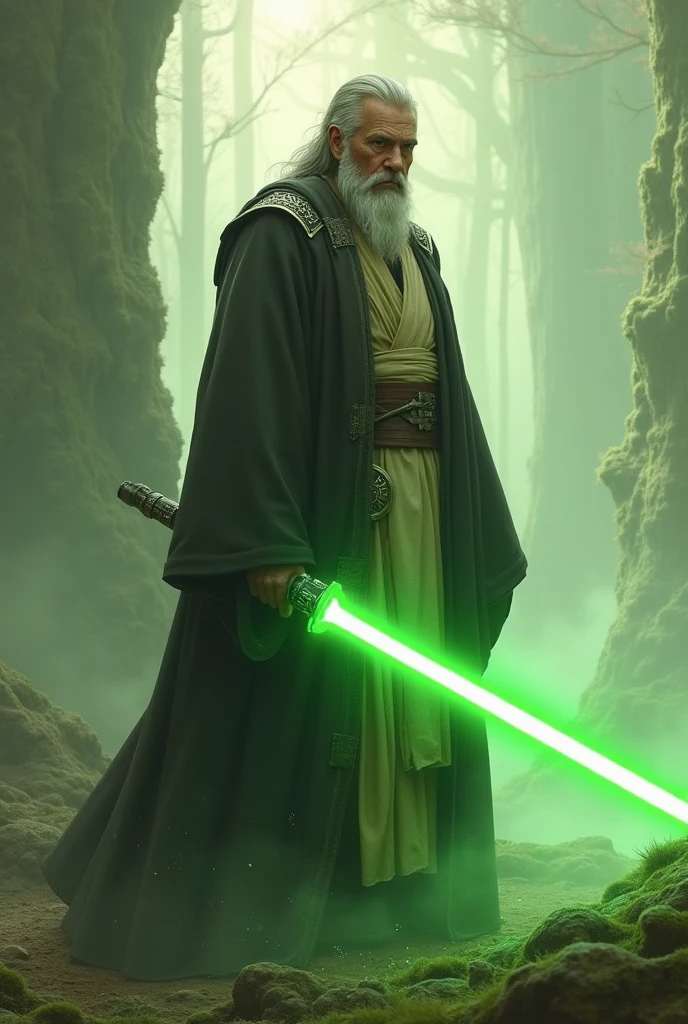 Grandmaster Jedi Ryn Darros with green lightsaber - SeaArt AI