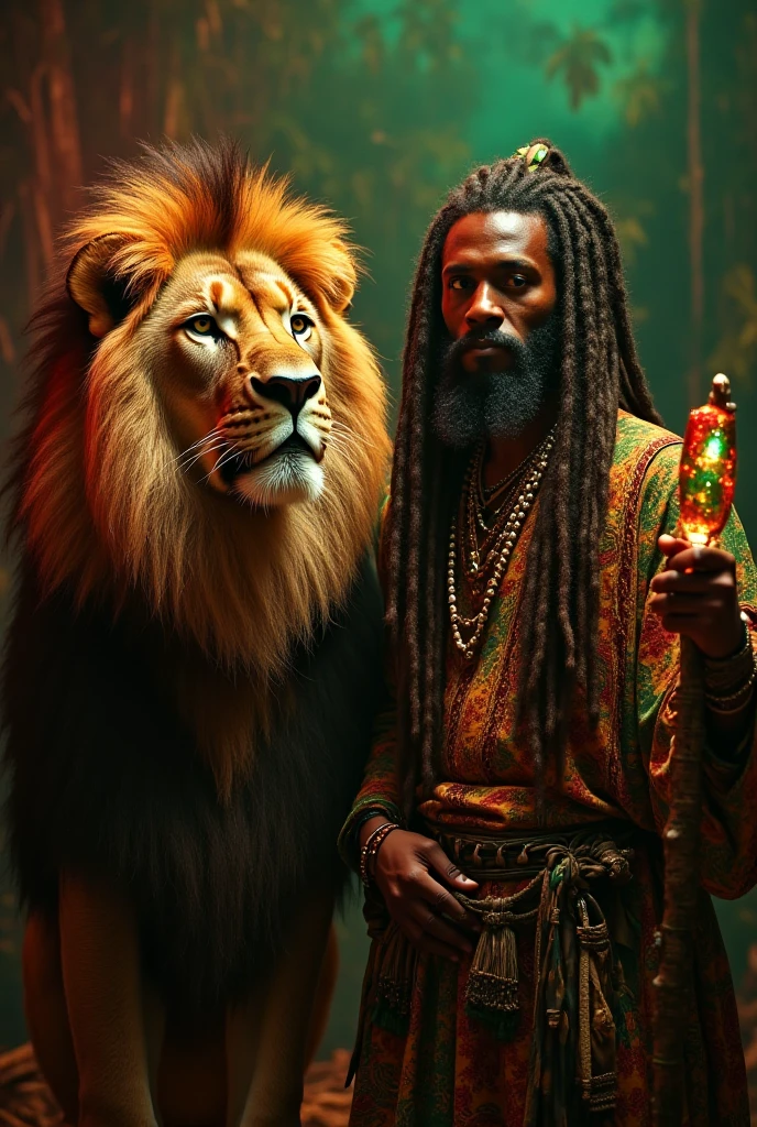 A realistic image of a lion with huge dreadslock braids and next to him ...