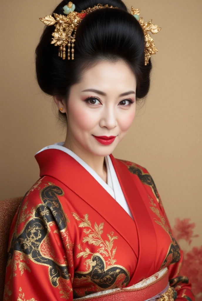 A captivating Japanese woman, 52 years old, wearing a vibrant scarlet ...