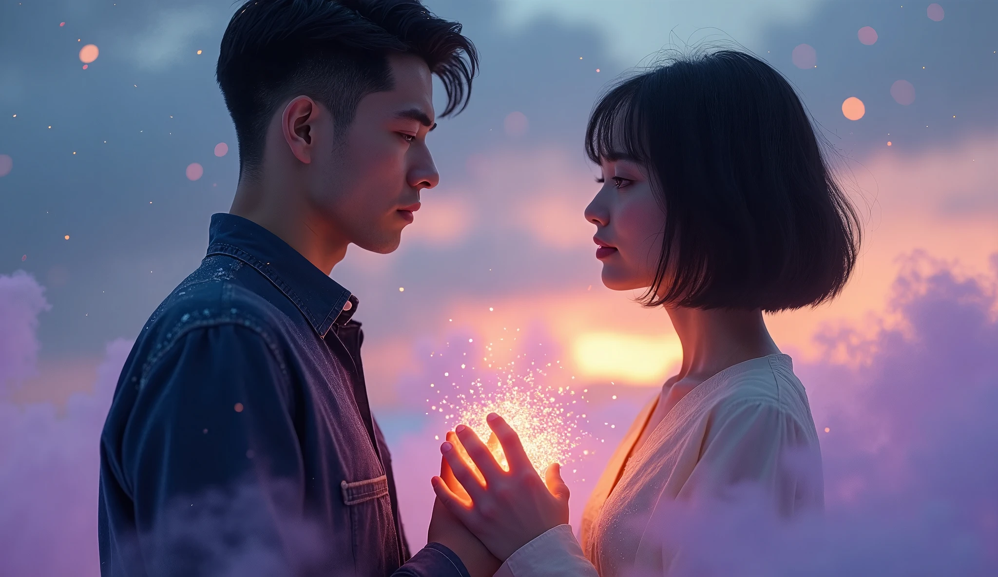 They are looking at each other in the sky with sparkles - SeaArt AI