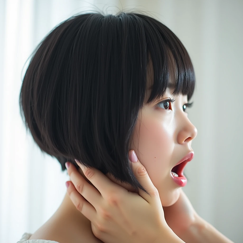 A beautiful japanese girl's head in side view. She has beautiful ...