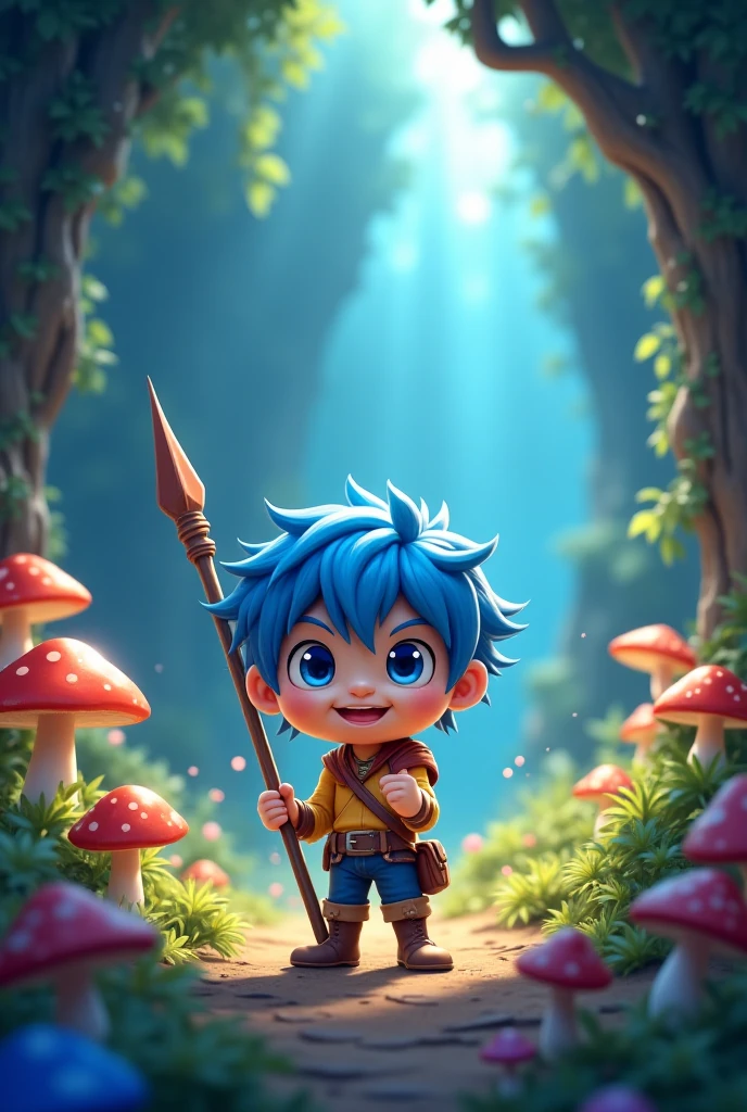 Please make a profile of the blue-haired chibi guy , holding a spear ...
