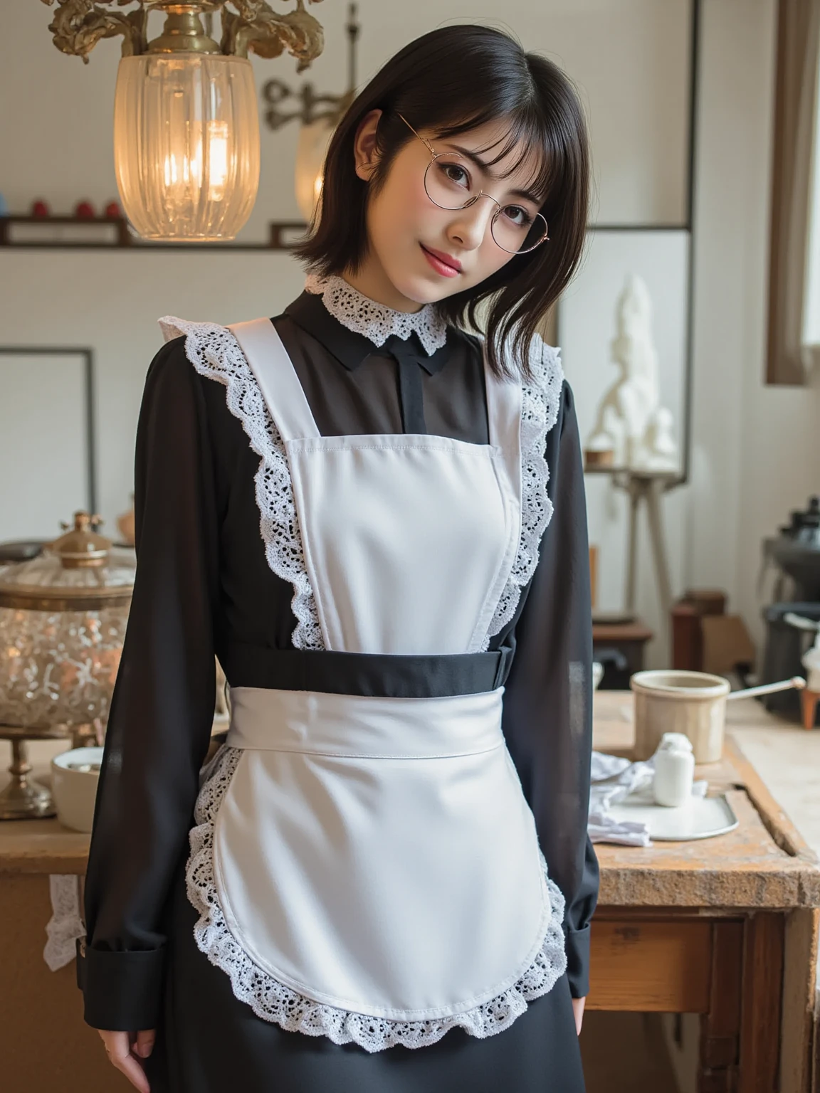 Full body shot、thin-rimmed glasses, black and white french maid uniform ...