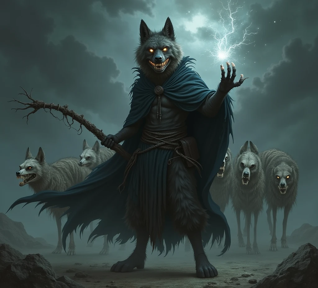 Create a furry Hyena Necromancer with a magic wand and a cape with a ...