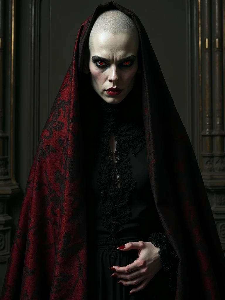 Nosferatu the vampire , hyper realism, old baroque black clothing with ...