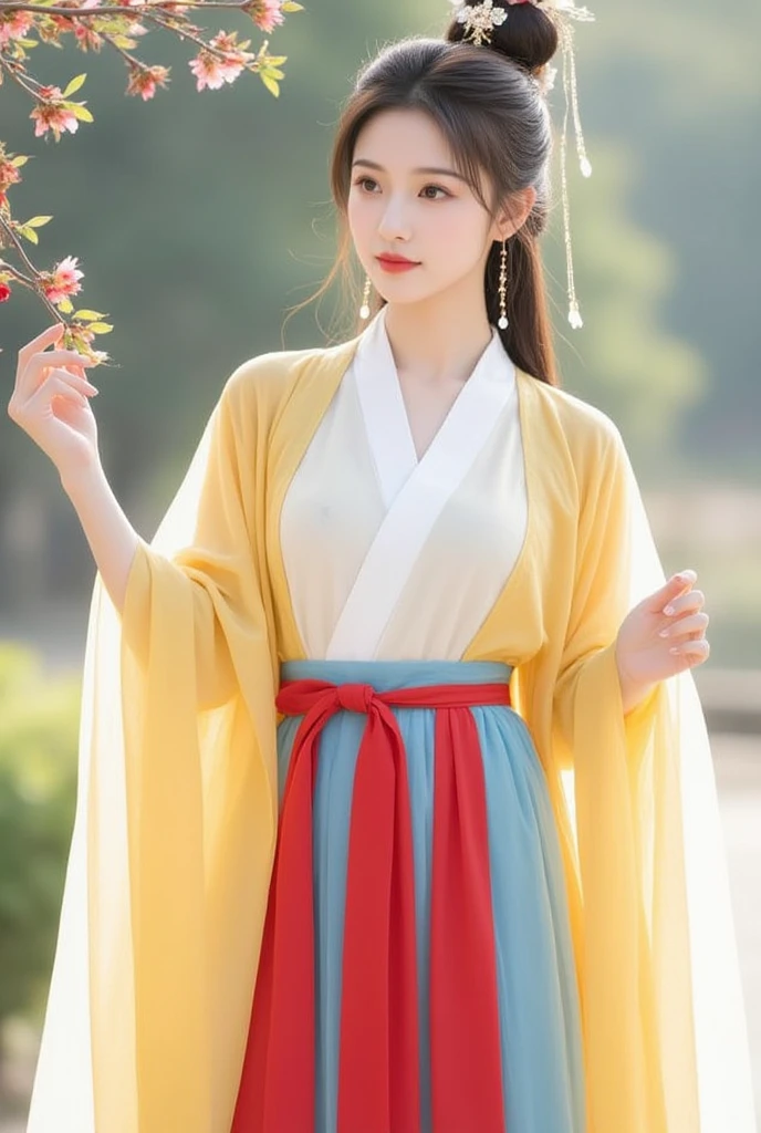 The image depicts a young woman dressed in traditional Hanfu attire ...