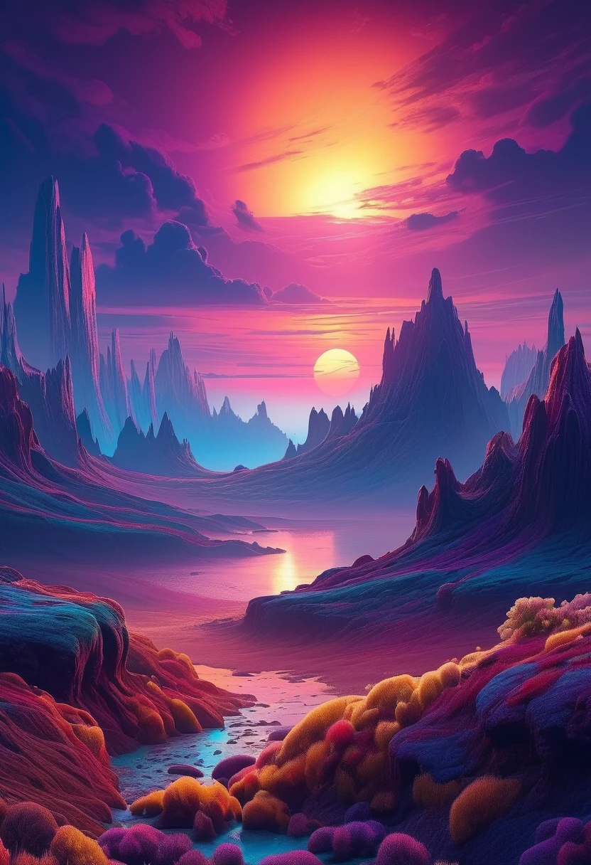 a magnificent sunset on a strange and mysterious planete. It's very ...