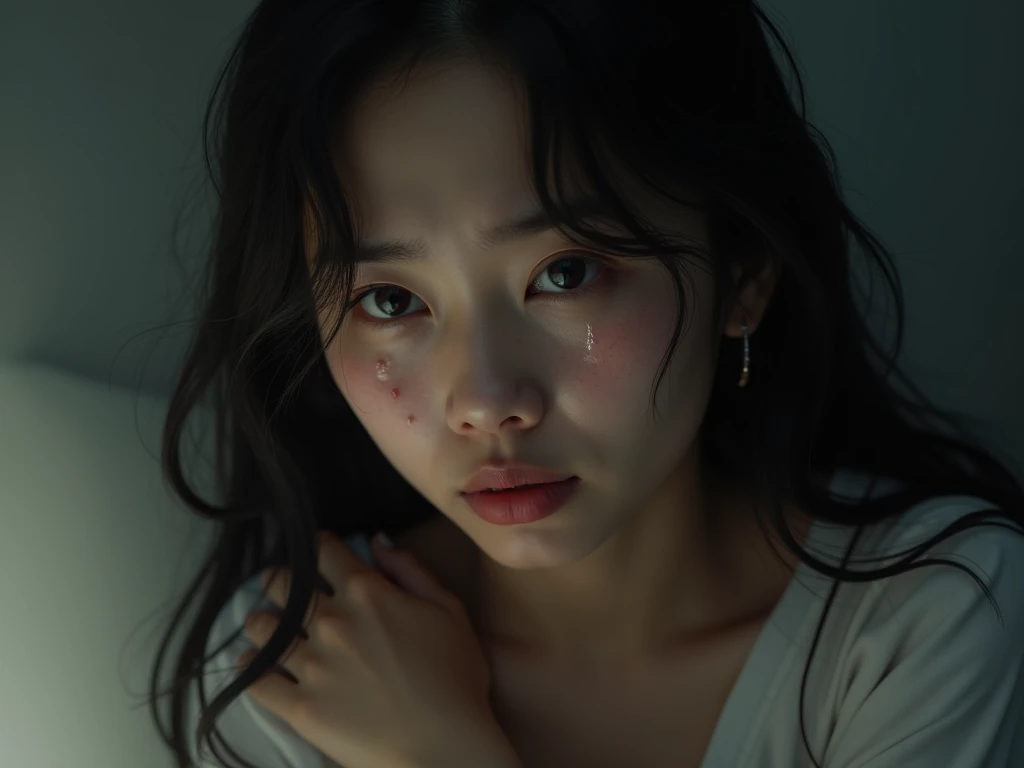 A white Indonesian woman in acne is crying sadly in the bedroom - SeaArt AI