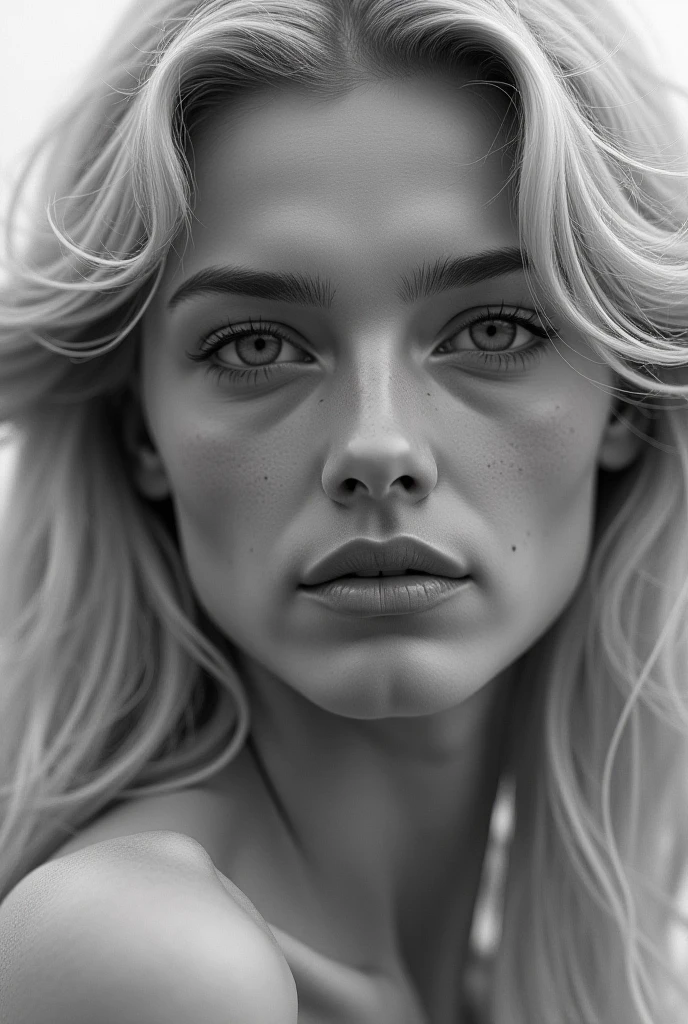 Close-up front hyperrealistic face of a beautiful woman recalling ...