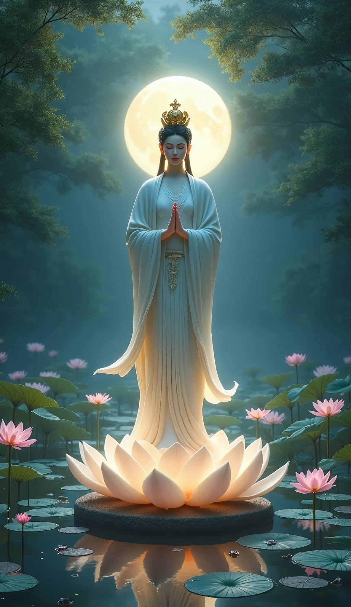 Arafed statue of a woman with a crown on her head in a lotus garden ...