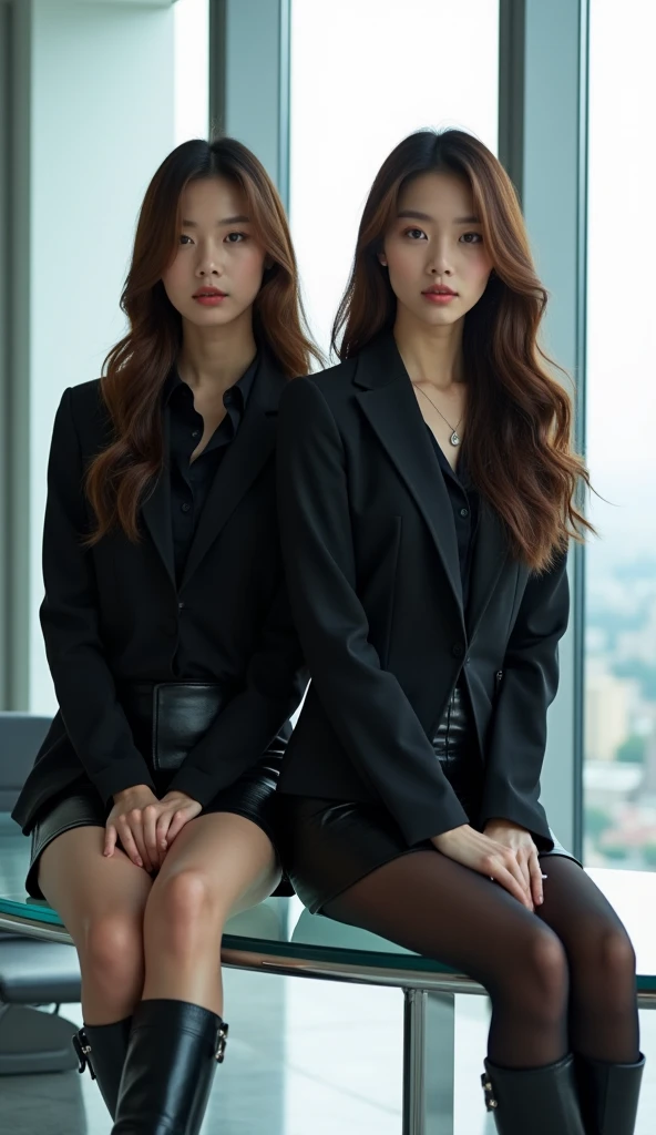 Two young and attractive long haired brunette Korean secretaries with ...