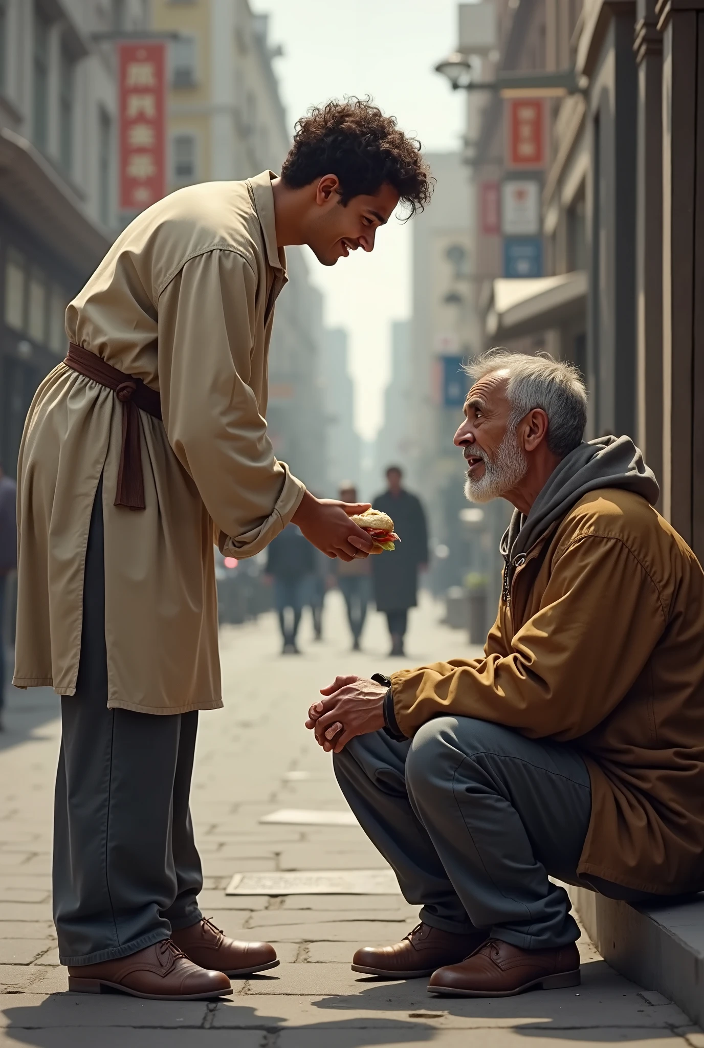 They are sitting on the sidewalk and one is handing something to the ...
